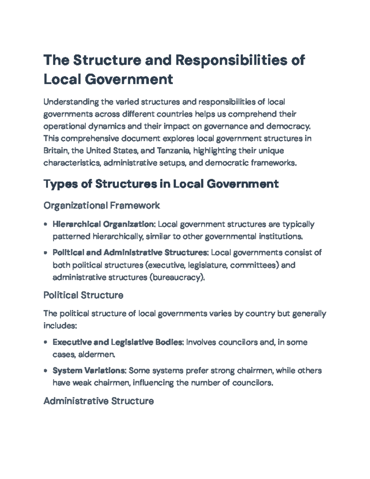 Local Government Structures and Responsibilities: UK, USA, and Tanzania ...