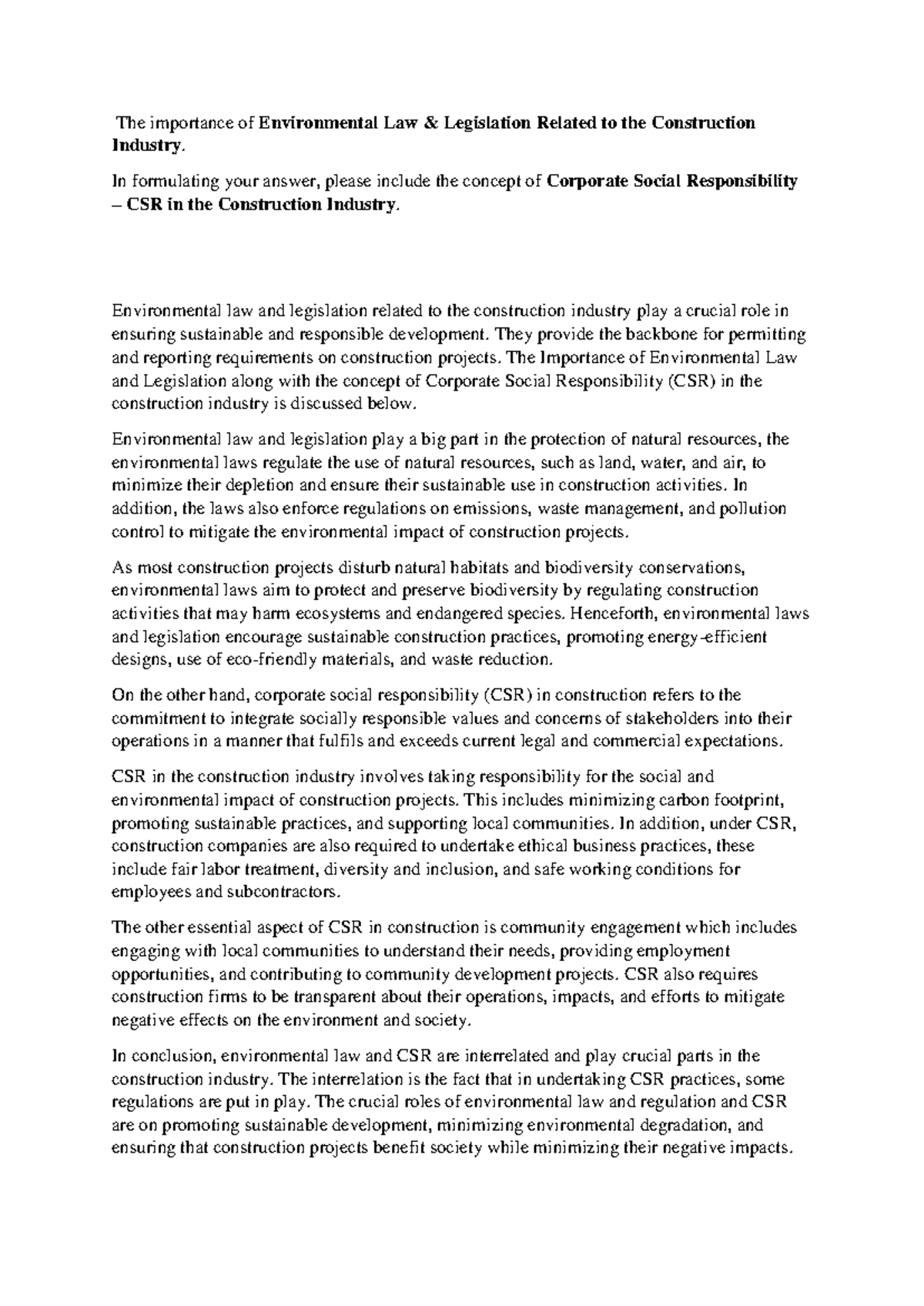 Environmental Law & CSR in Construction: Importance and Impact - Studocu
