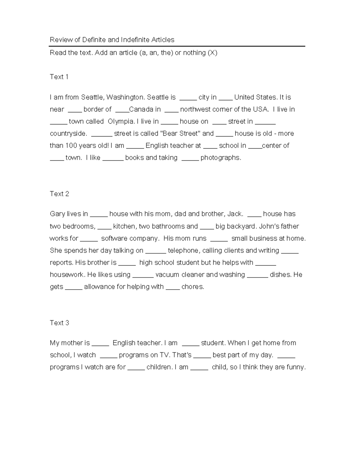 Review of Definite and Indefinite Articles Exercises - Studocu