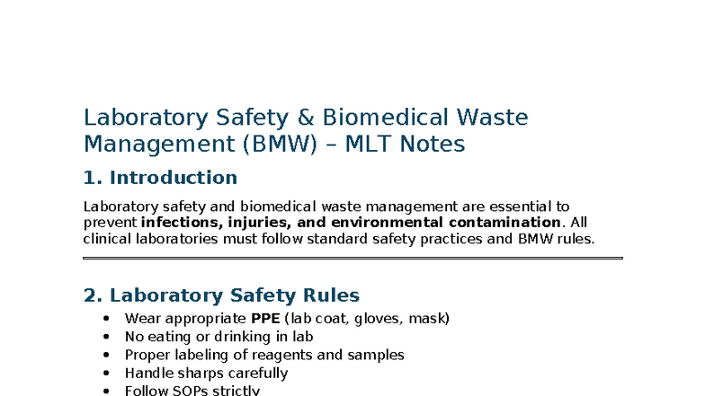 Laboratory Safety & BMW Management Guidelines (MLT Notes) - Studocu
