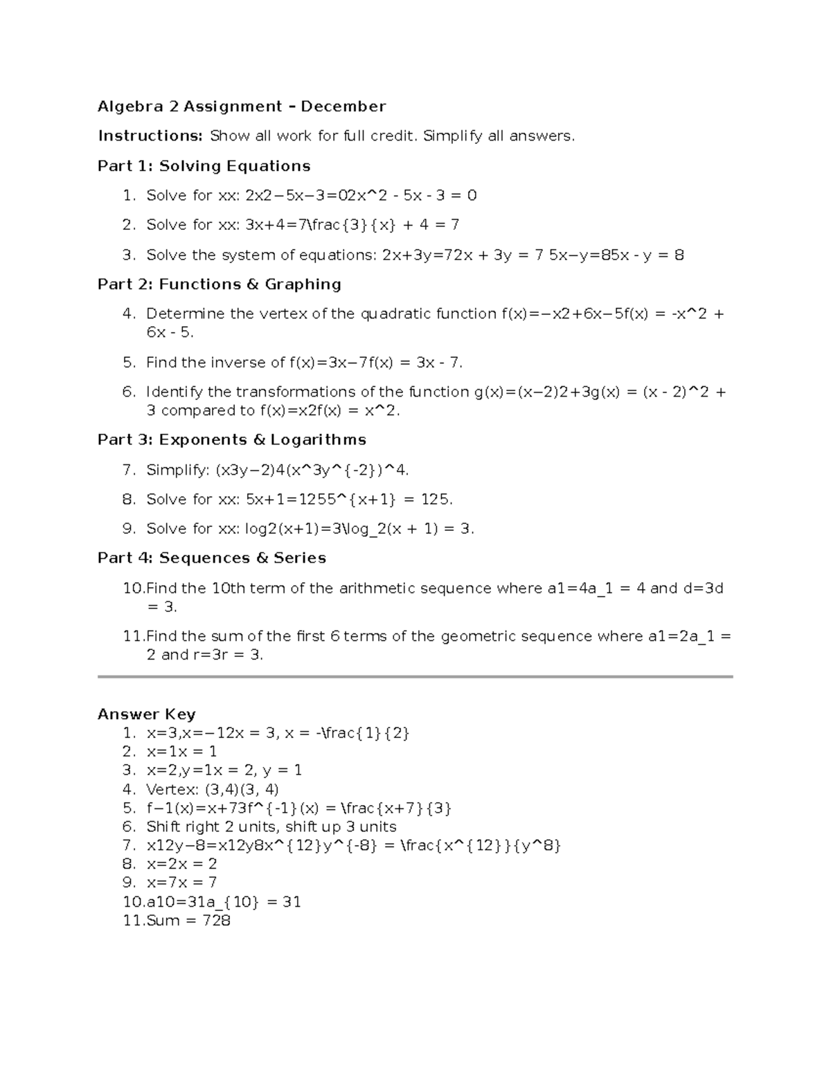 Algebra 2 Assignment - Work and Solutions for Final Exam Prep - Studocu