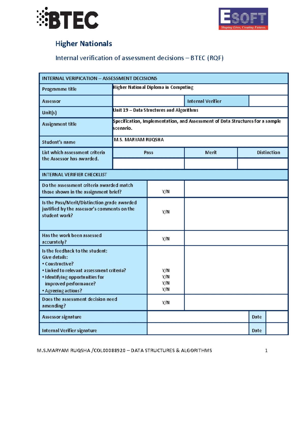 DSA - E130941 - Assignment with answers - Higher Nationals Internal verification of assessment ...