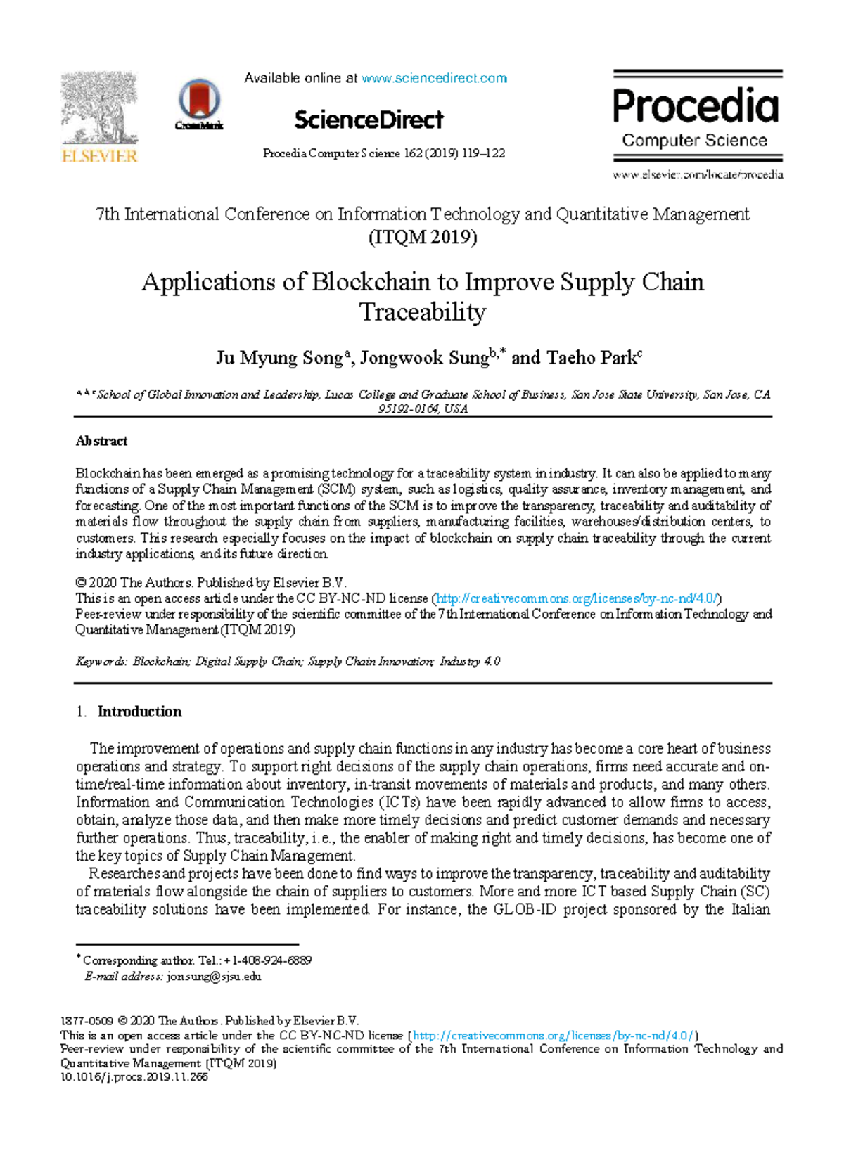 ITQM 2019: Applications of Blockchain for Supply Chain Traceability ...