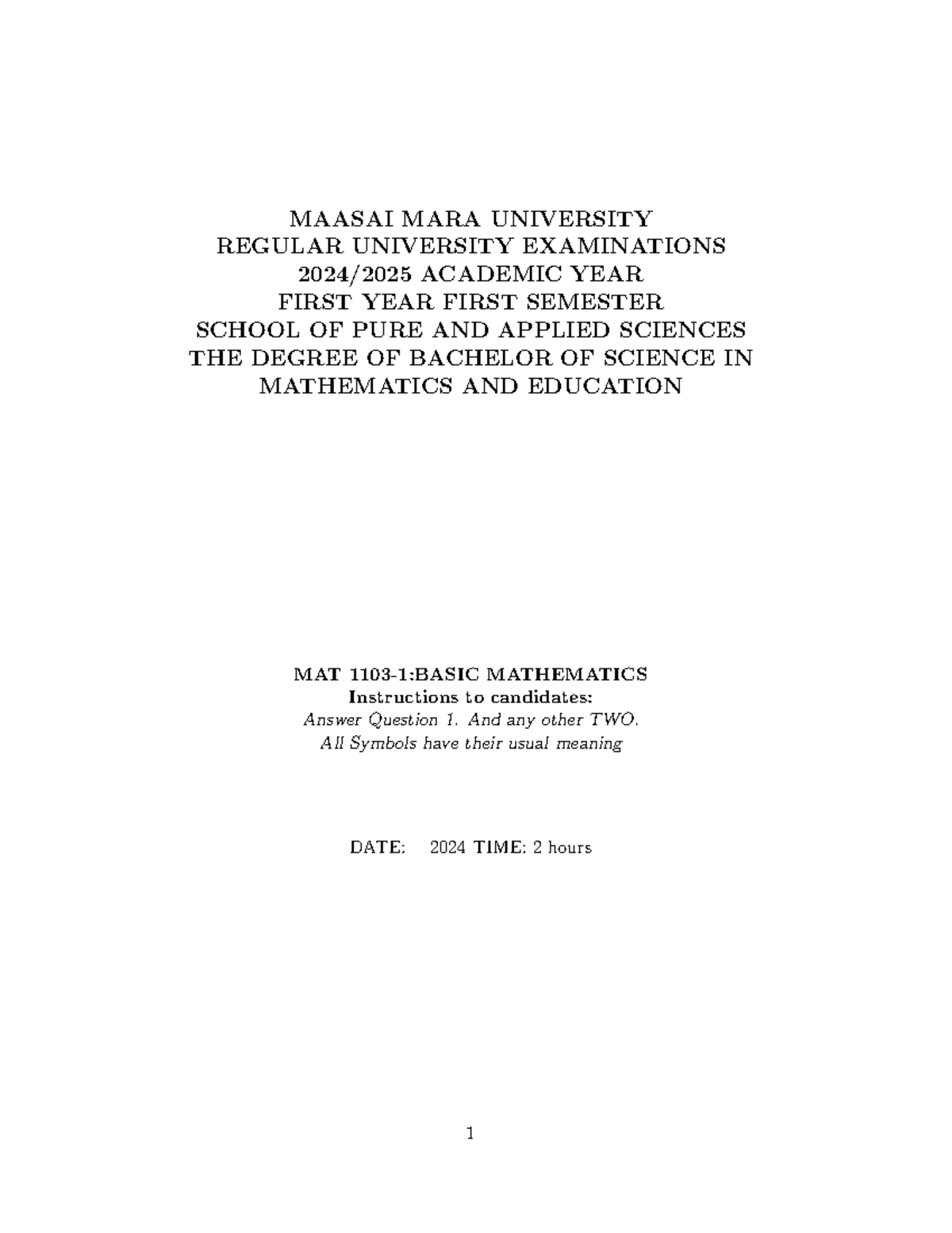 MAT 1103-1: Basic Mathematics Exam Questions and Solutions - Studocu