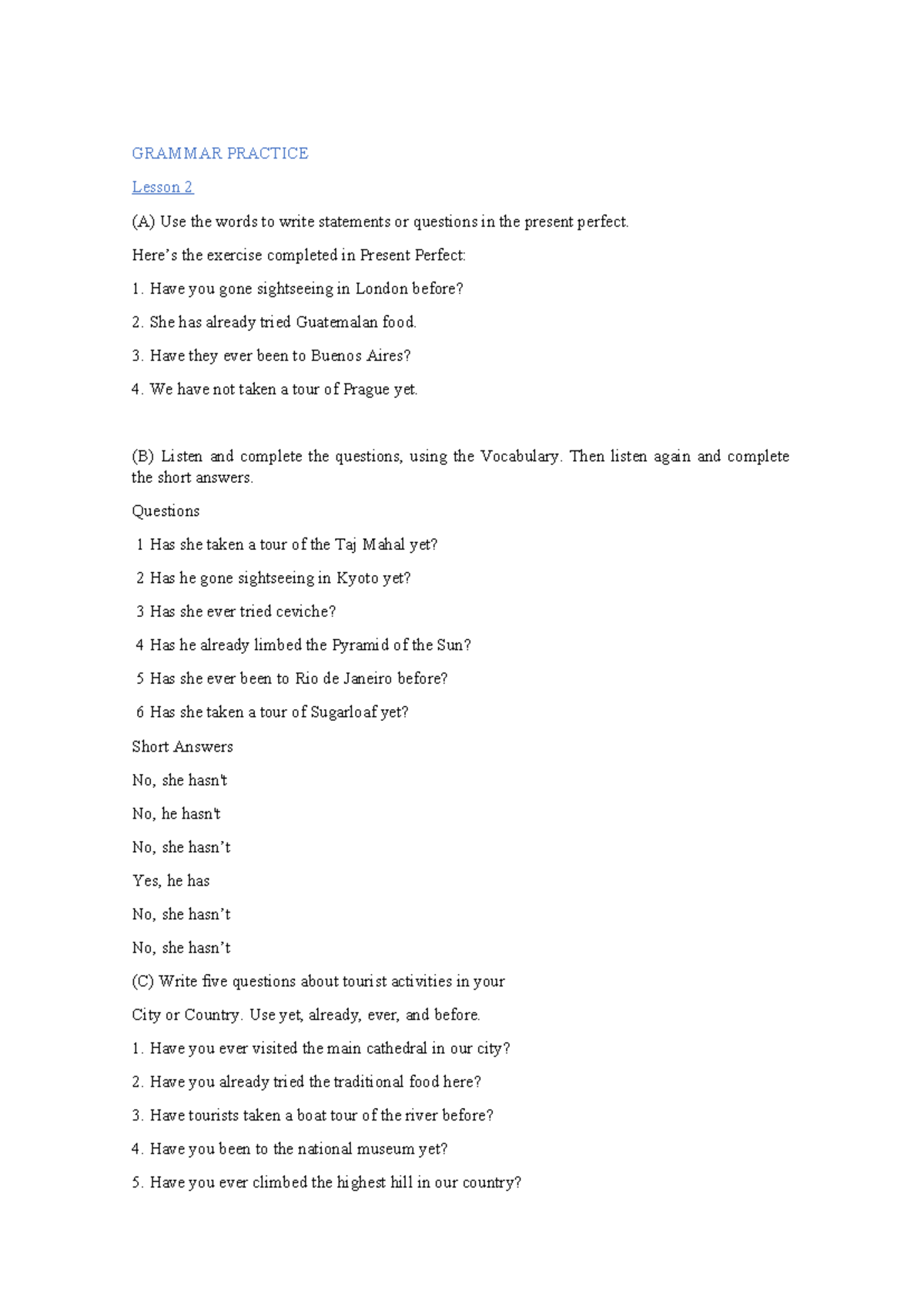 GRAMMAR PRACTICE Lesson 2: Present Perfect Exercises - Studocu
