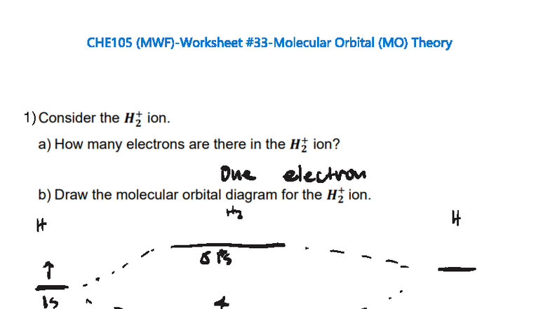 CHE 110 Worksheet: Molecular Orbital Theory Analysis - Studocu