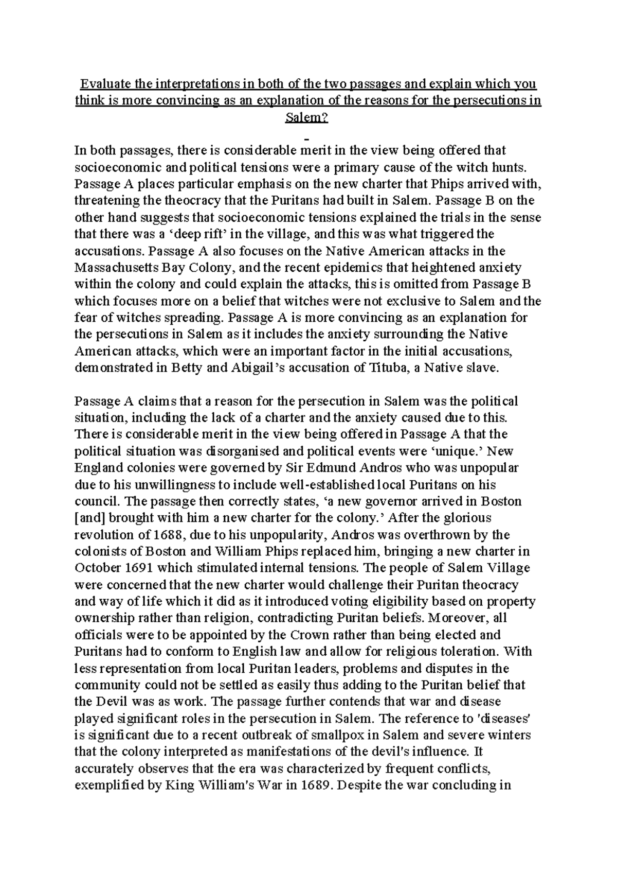 Salem Witch Trials: A Comparative Analysis of Passage A & B - Studocu