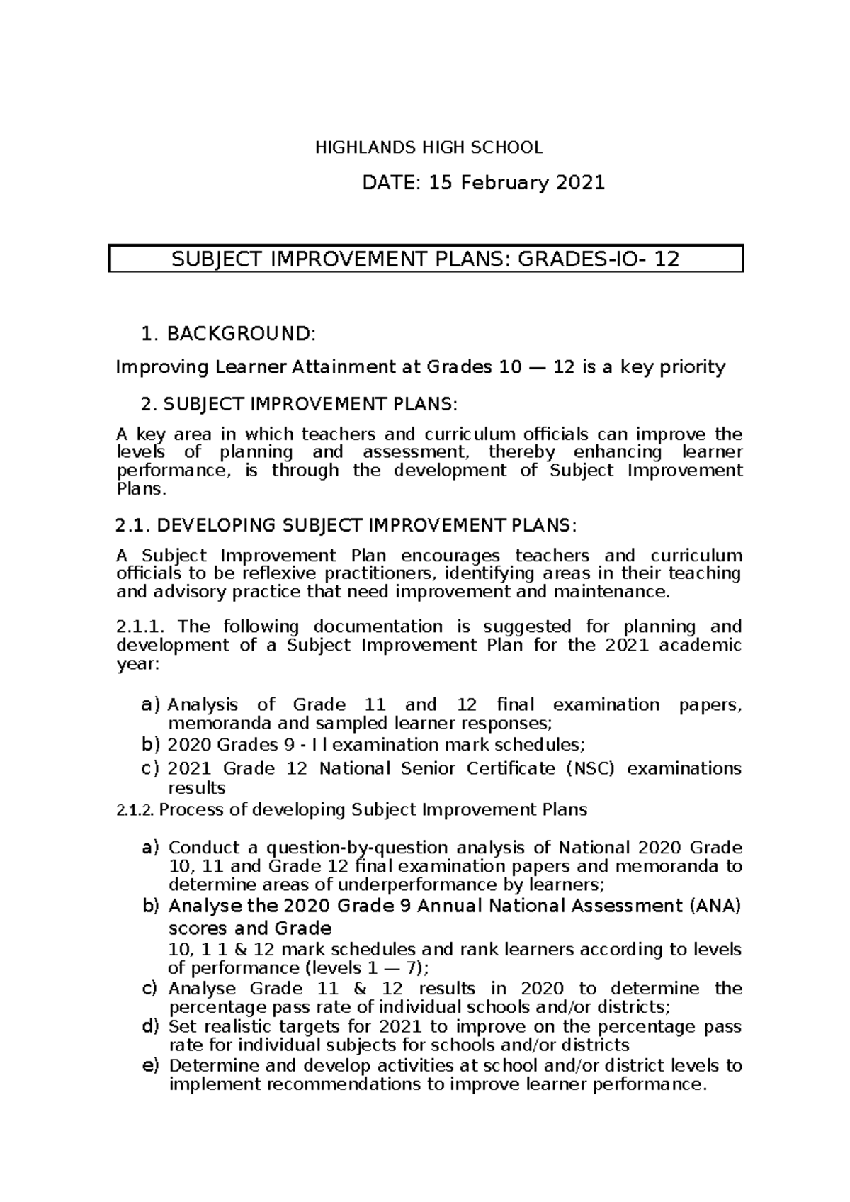2021 Subject Improvement Plan for Mathematics (Grades 10-12) - Studocu