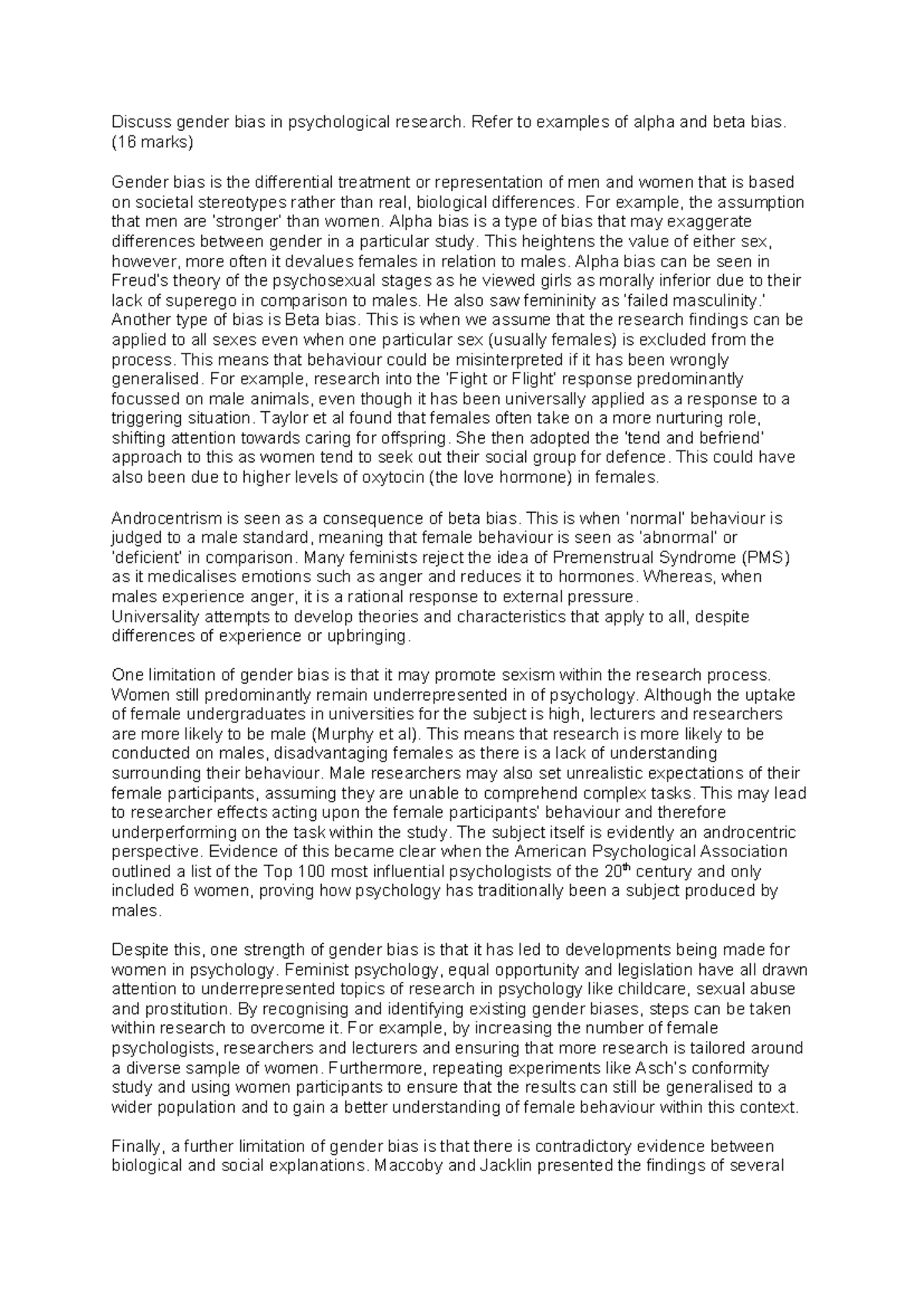 Understanding Gender Bias in Psychological Research - 16 Marker - Studocu