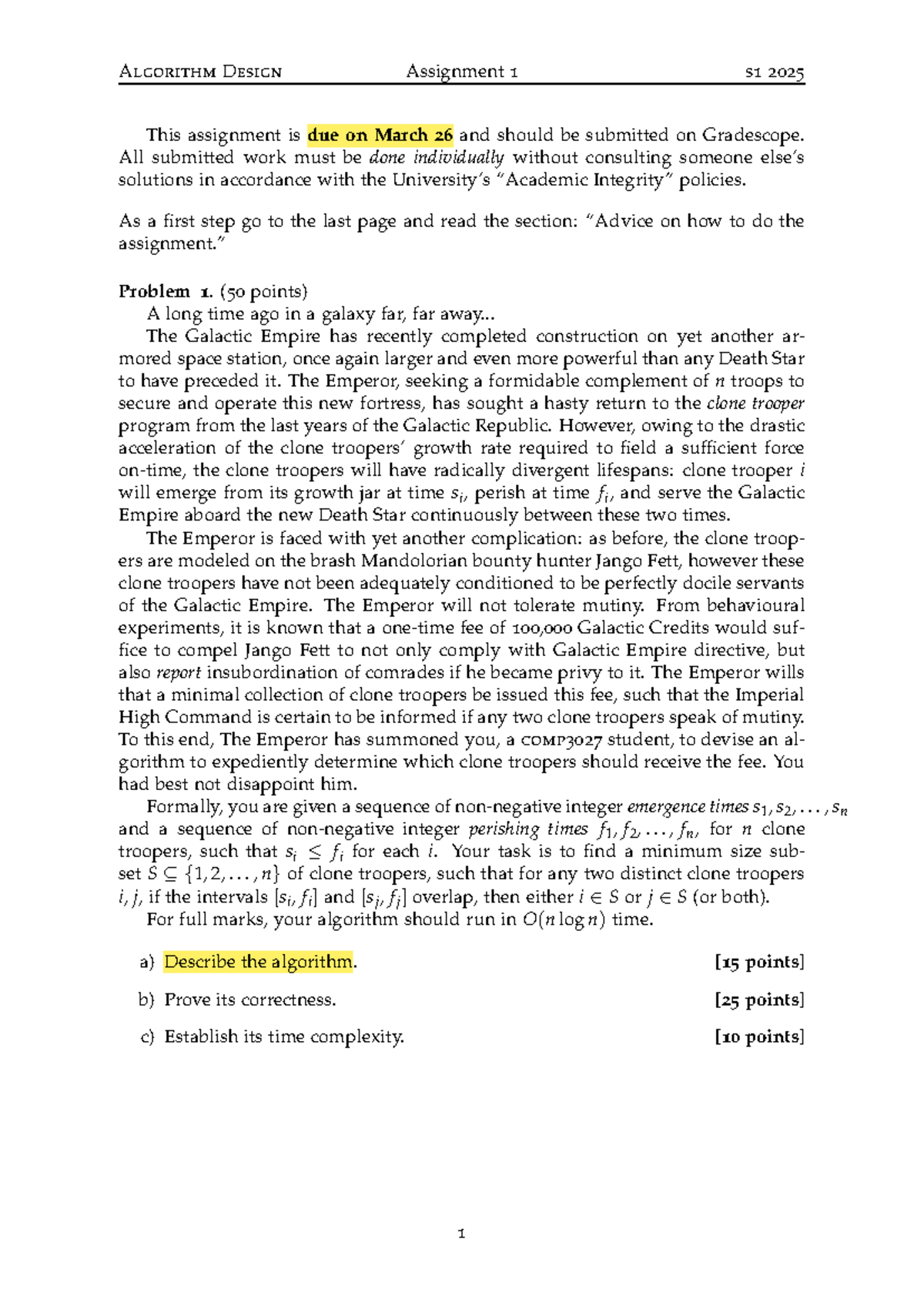 Assignment 1 - Greedy and D&C (COMP3027 and COMP3927) - Algorithm ...