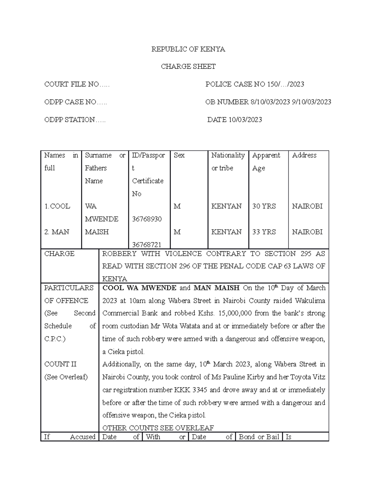 Kenya Court Charge Sheet: COOL WA MWENDE & MAN MAISH Case Details - Studocu