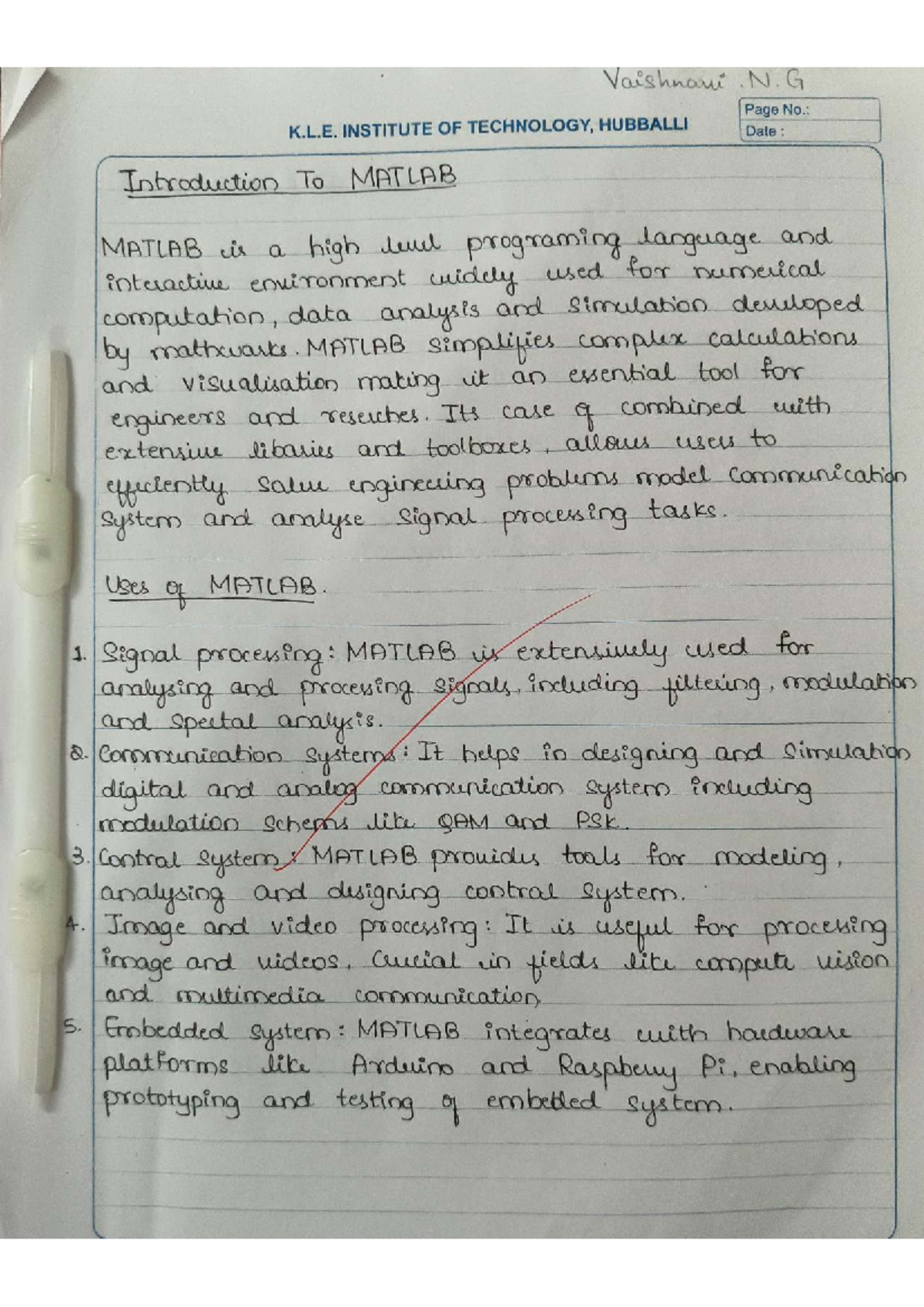 MATLAB Applications and Experiments - KLE Tech - ENG 101 - Studocu