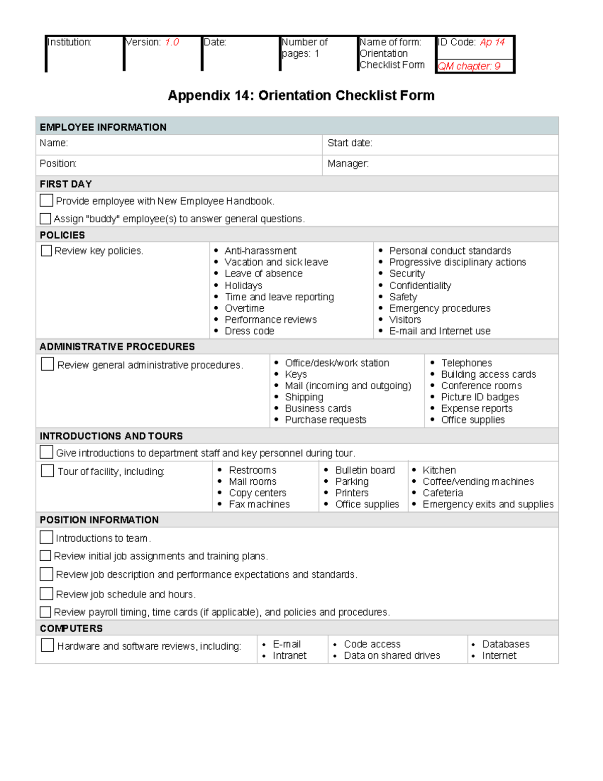 Ap 14 QM: Orientation Checklist Form for New Employees - Studocu