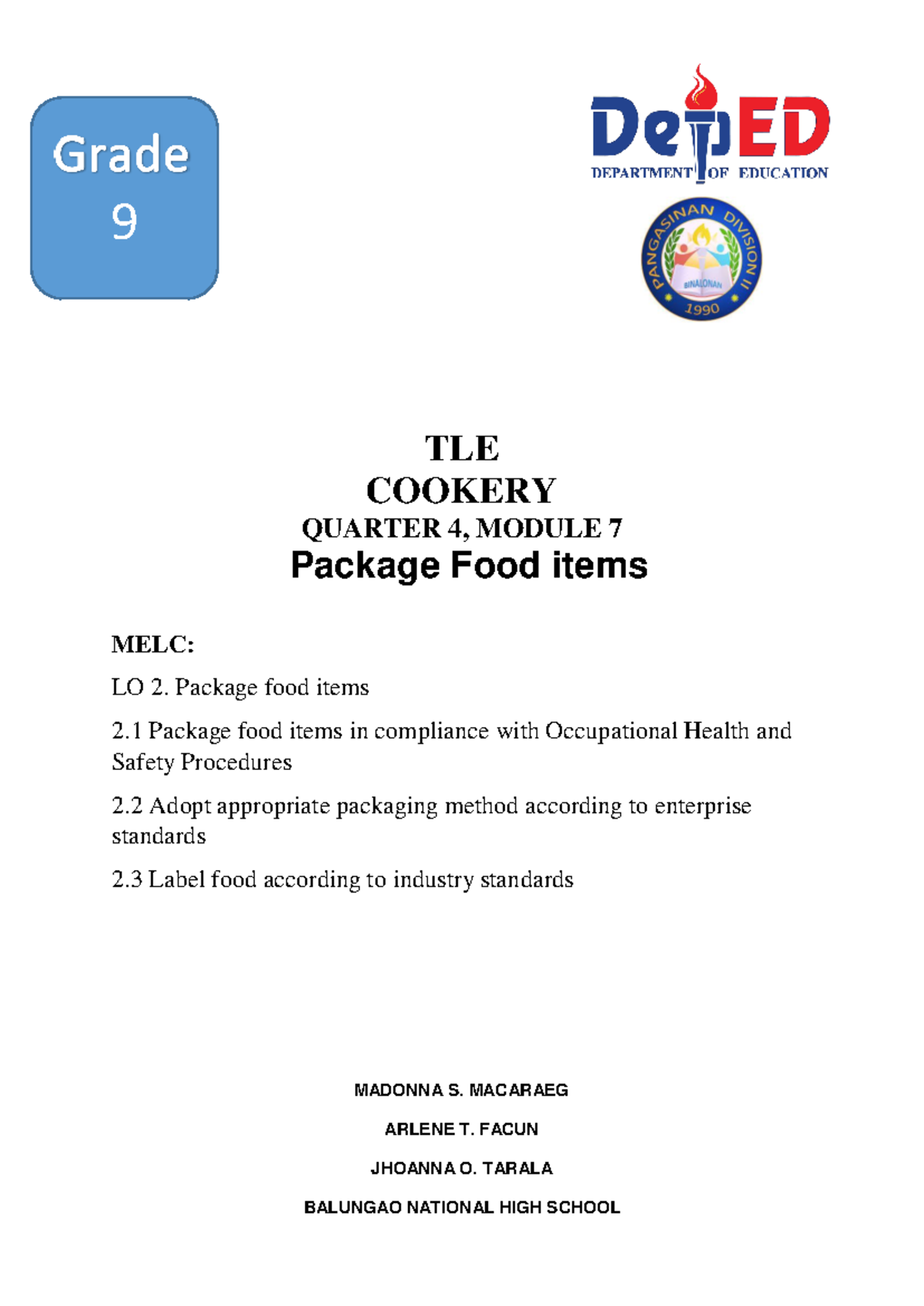 Q4 Module 7 G9 Cookery: Food Packaging & Safety Procedures - Studocu