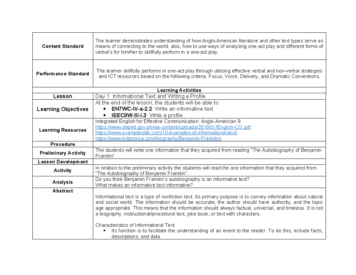 Quarter 3: Grade 9 Daily Lesson Log - Content Standard The learner ...