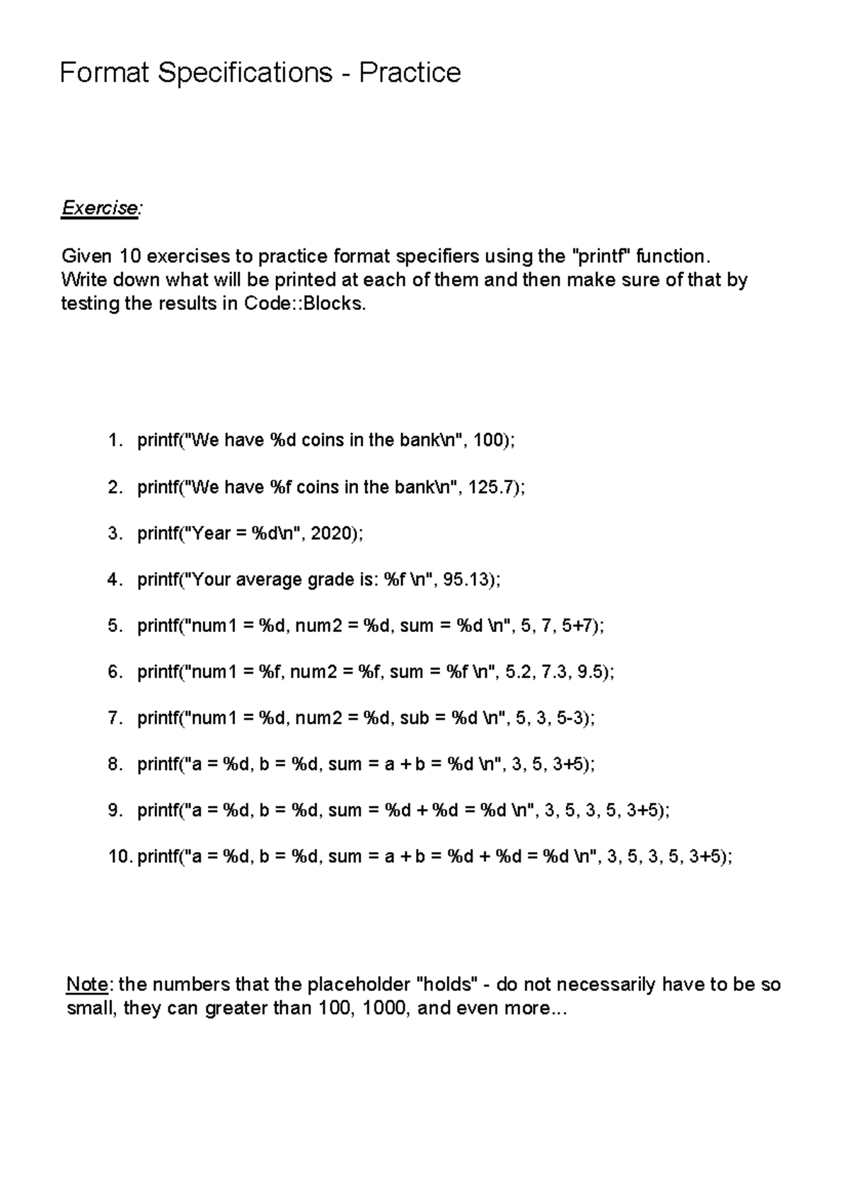 Format Specifiers Practice Exercises (11.1, 7.1) - Studocu