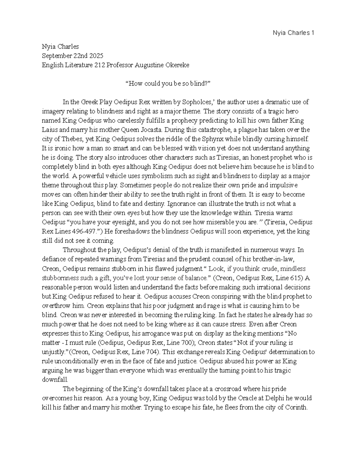 English Literature 212: Analysis of Blindness in Oedipus Rex - Studocu