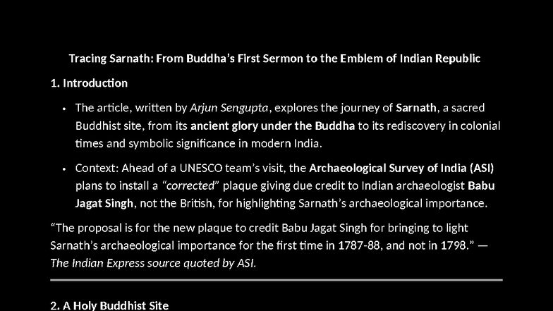 Sarnath: From Buddha's First Sermon to India's National Emblem - Studocu