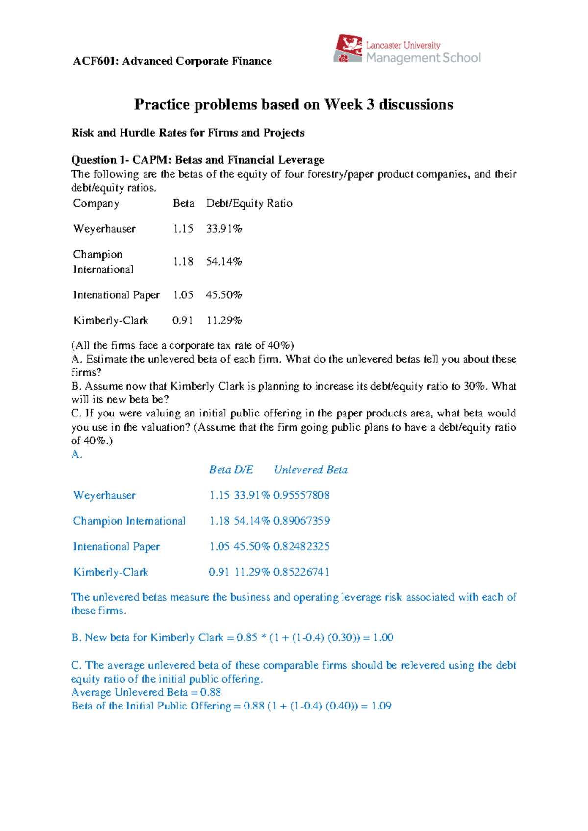 Solutions Week 13 Corpo - Practice problems based on Week 3 discussions ...