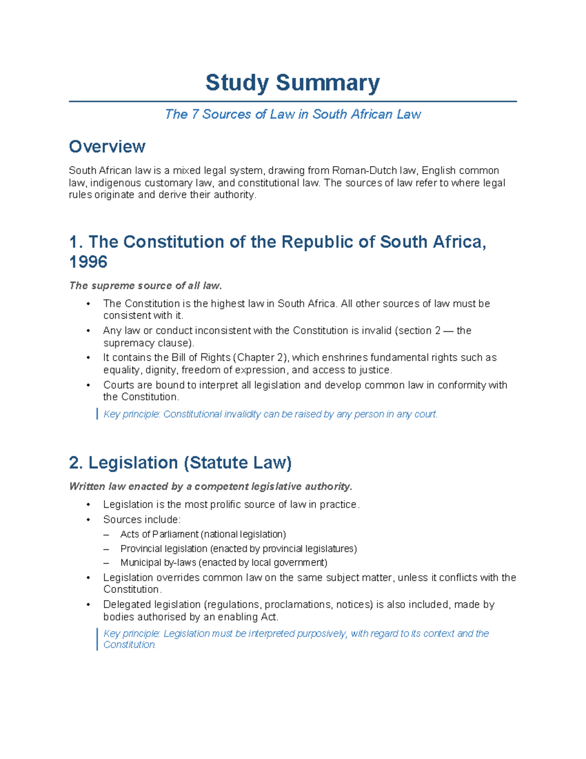 SA Law Sources Overview: A Study Summary of Legal Foundations - Studocu