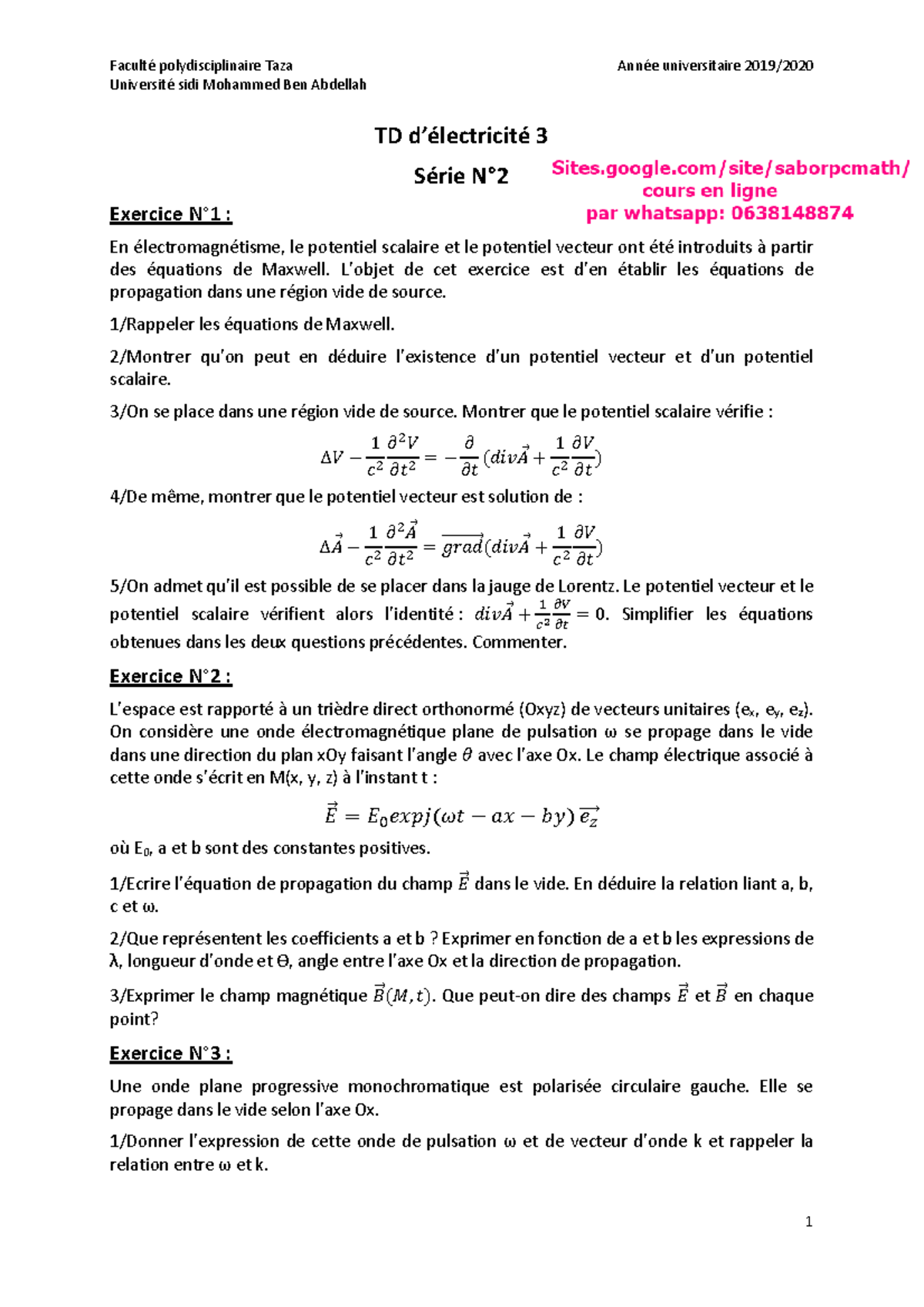 TD 3: Exercice sur le Potentiel Scalaire et Vecteur en ...