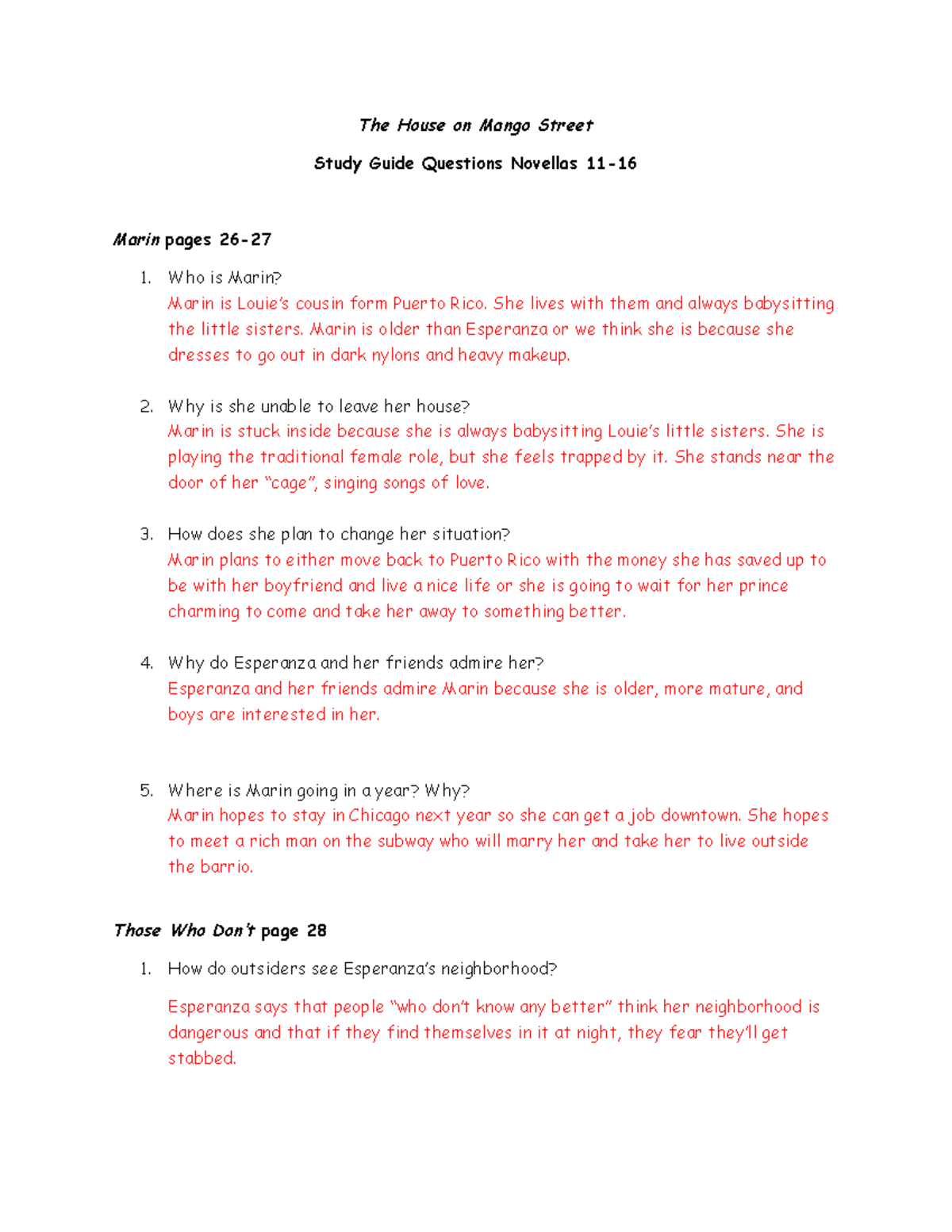 The House on Mango Street Study Guide: Q3 Insights & Answers - Studocu