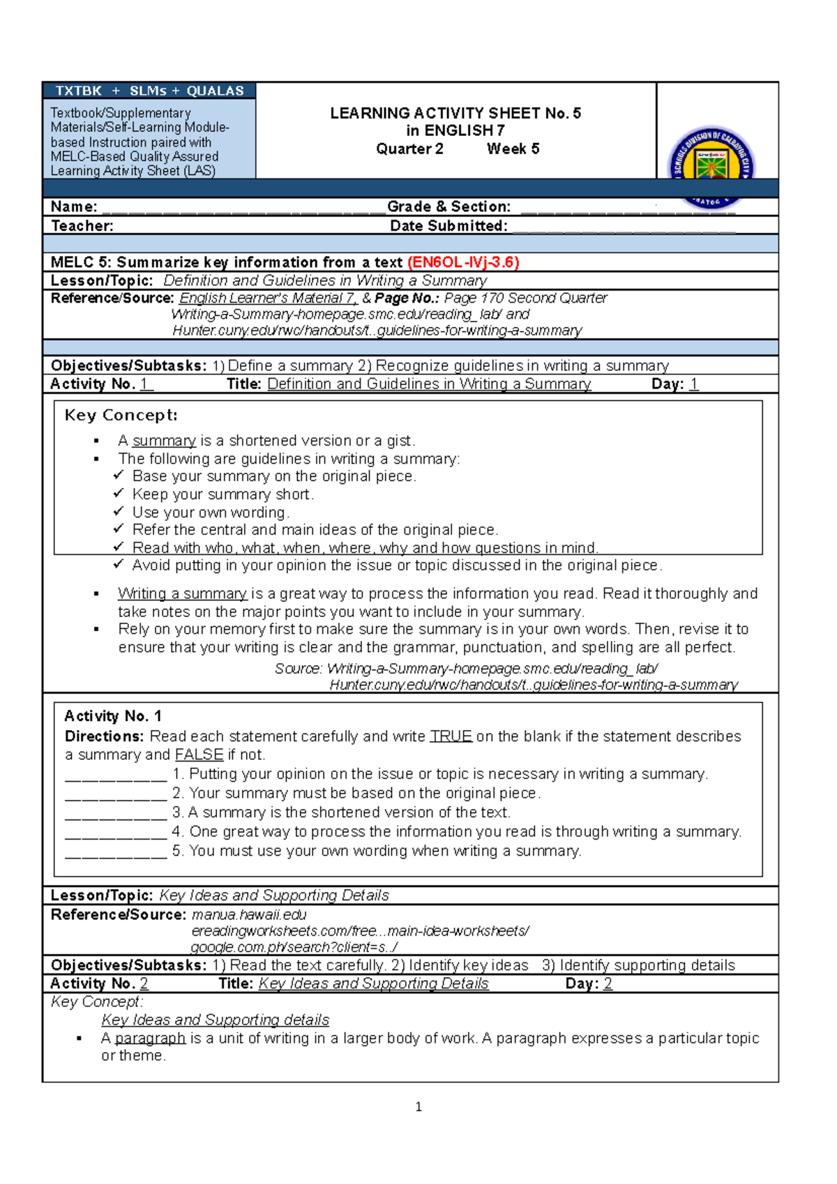 English 7-Q2-LAS-MELC5 - TXTBK + SLMs + QUALAS LEARNING ACTIVITY SHEET No. 5 in ENGLISH 7 ...