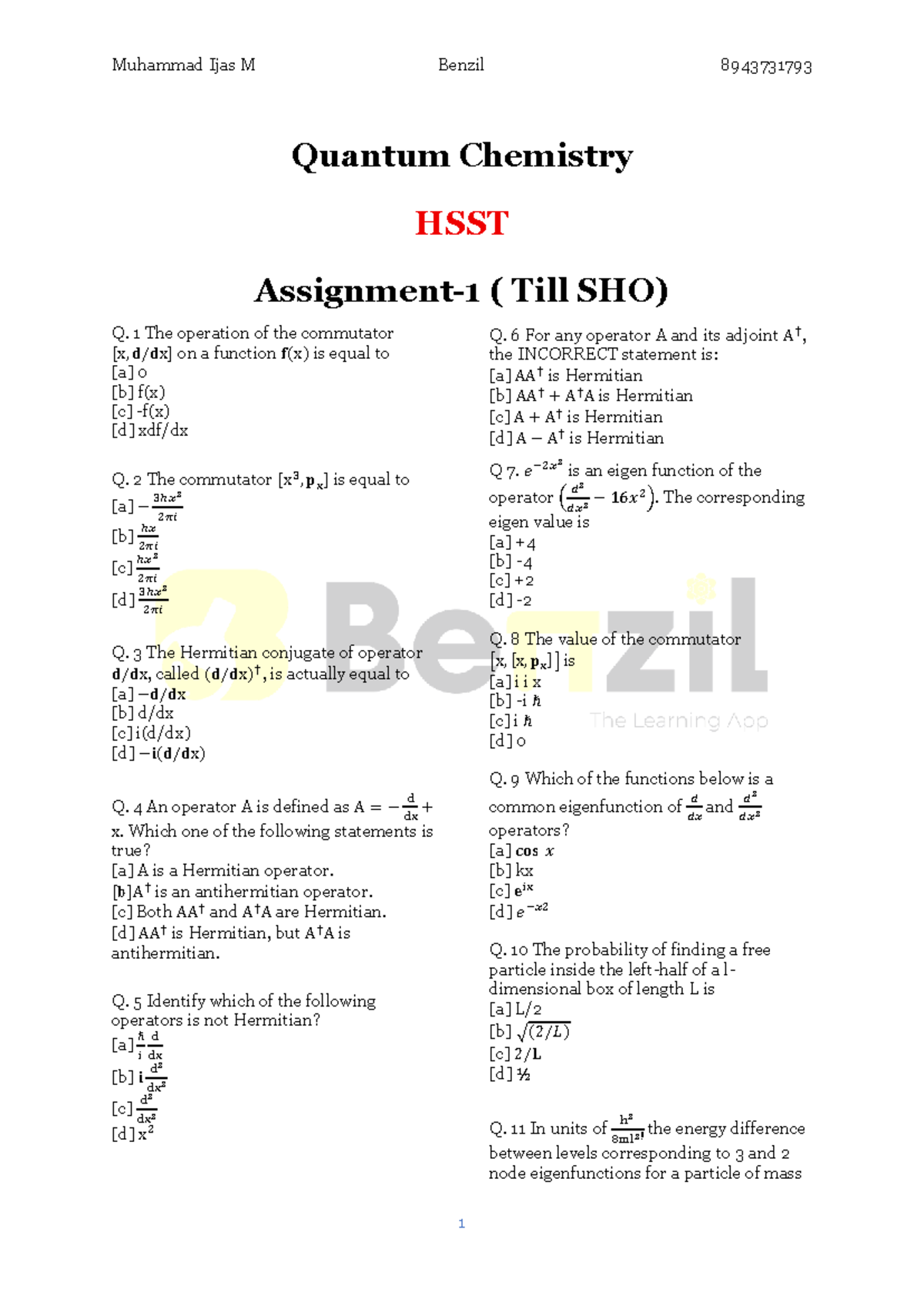 Quantum Chemistry HSST Final Exam Notes: Commutators & Operators - Studocu