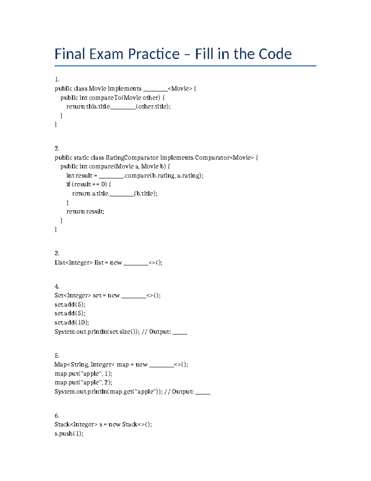 Java Final Fill In The Blanks - Final Exam Practice – Fill in the Code ...