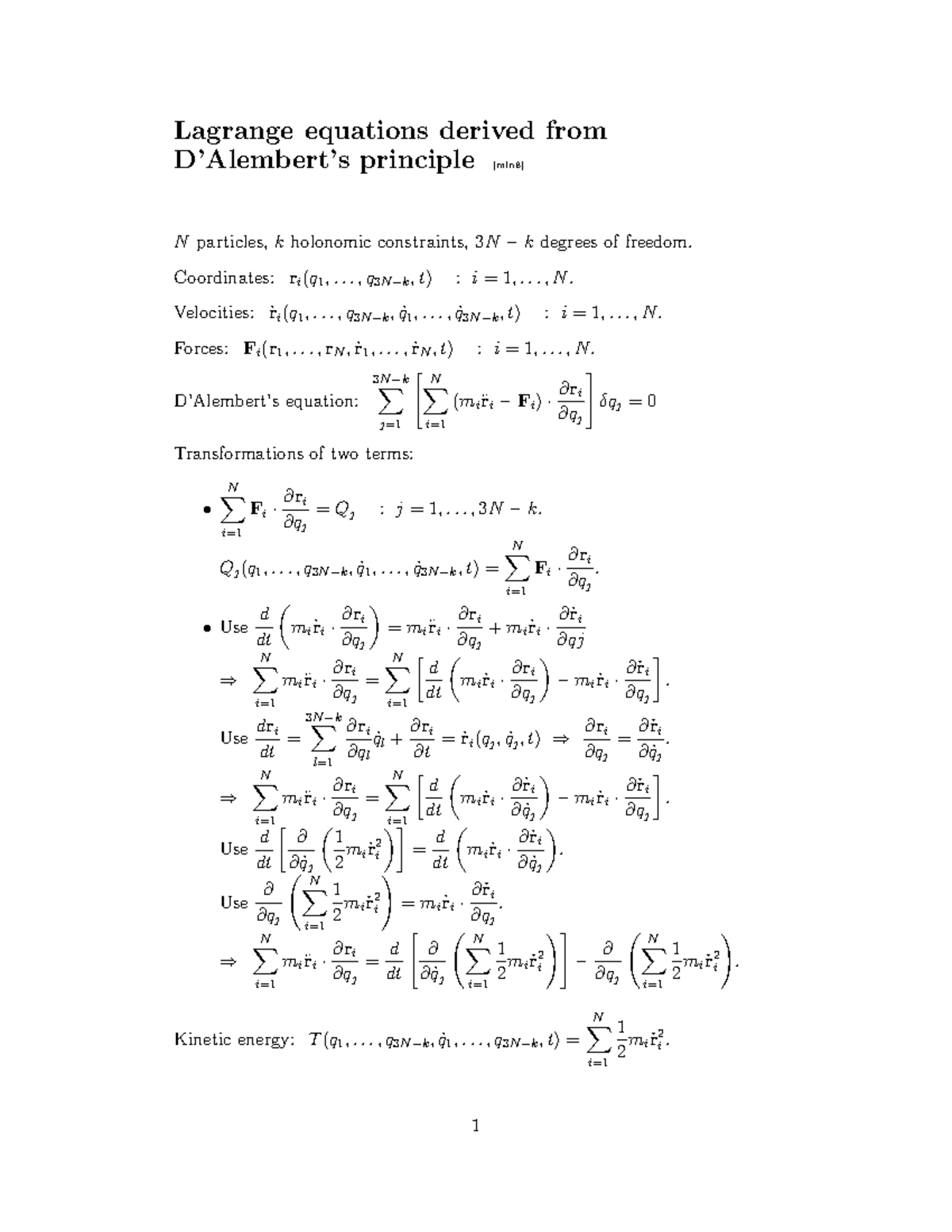 Mln8 - Lagrange Equations and D’Alembert’s Principle Notes - Studocu