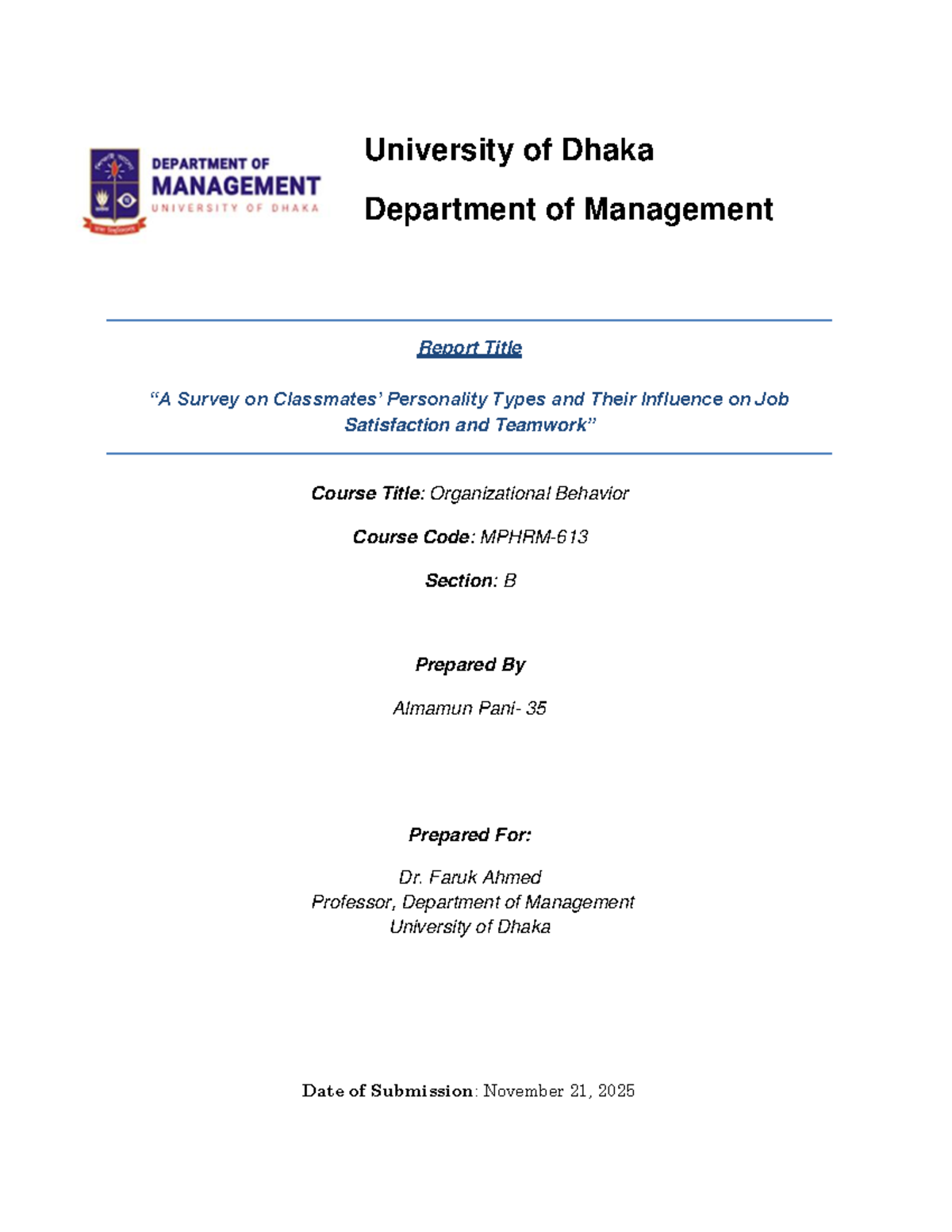 OB Assignment: Survey on Personality Types & Job Satisfaction - Studocu