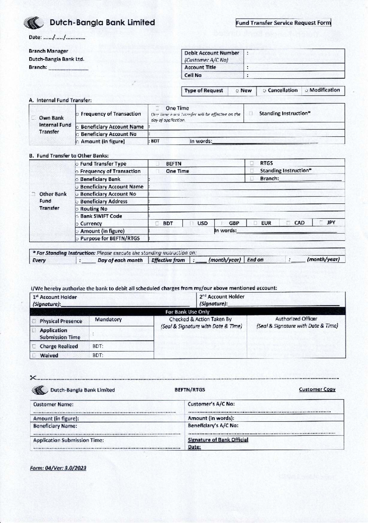 DBBL Fund Transfer Service Request Form - RTGS - Studocu