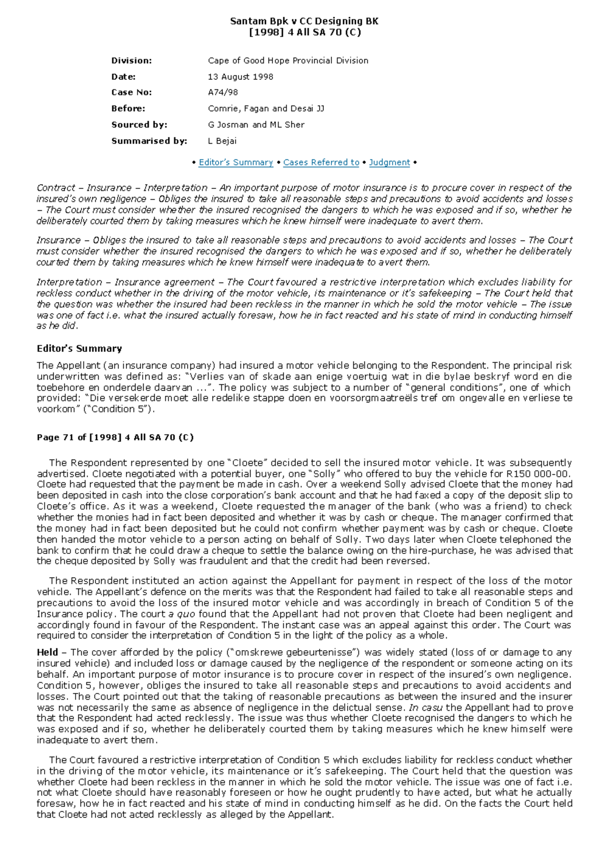 Santam v CC Designing: Key Aspects of Insurance Law (Case A74/1998 ...