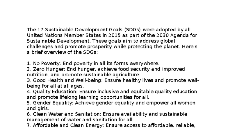 SDG Overview: 17 Goals for Sustainable Development - Studocu