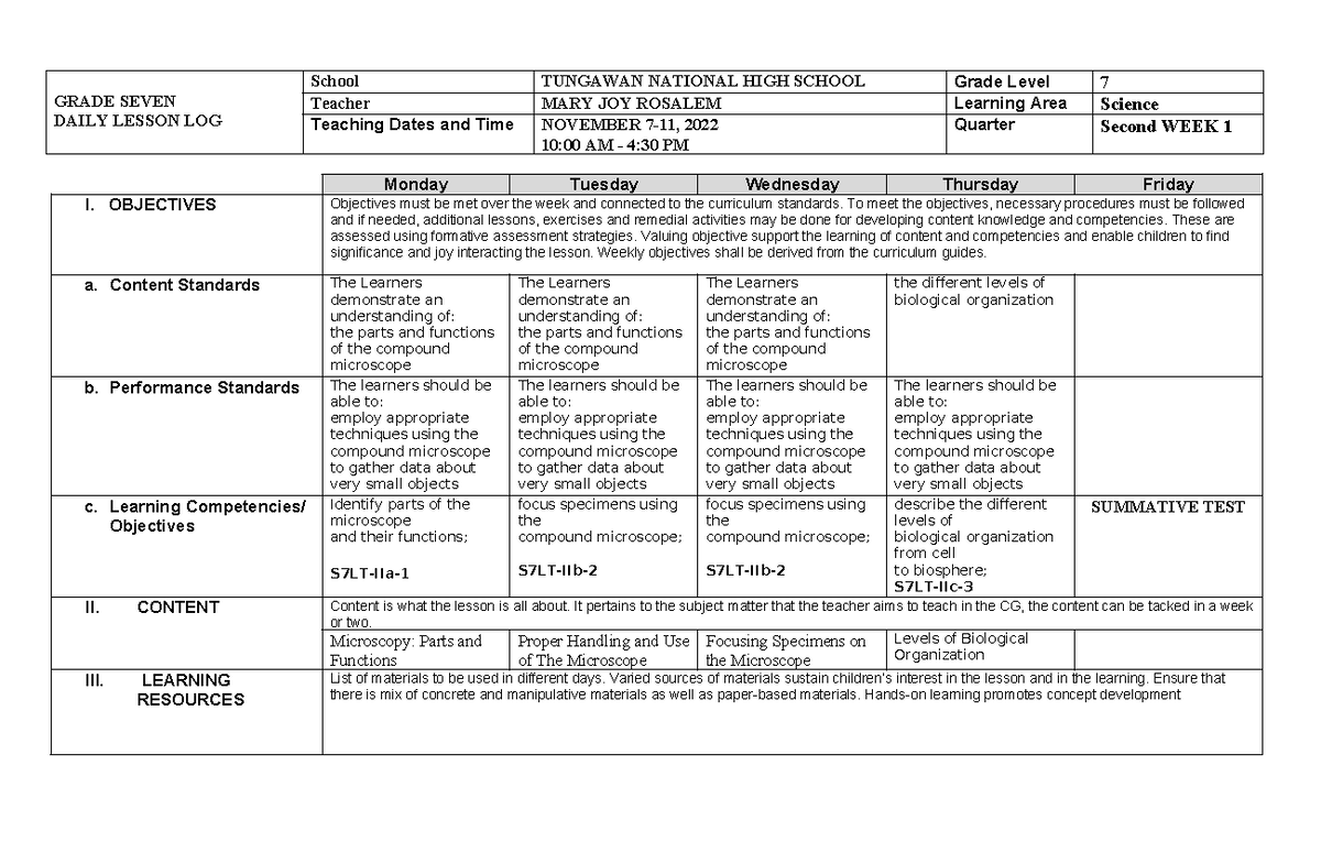 GRADE 7 SCIENCE DAILY LESSON LOG: WEEK 1 OBJECTIVES & ACTIVITIES - Studocu