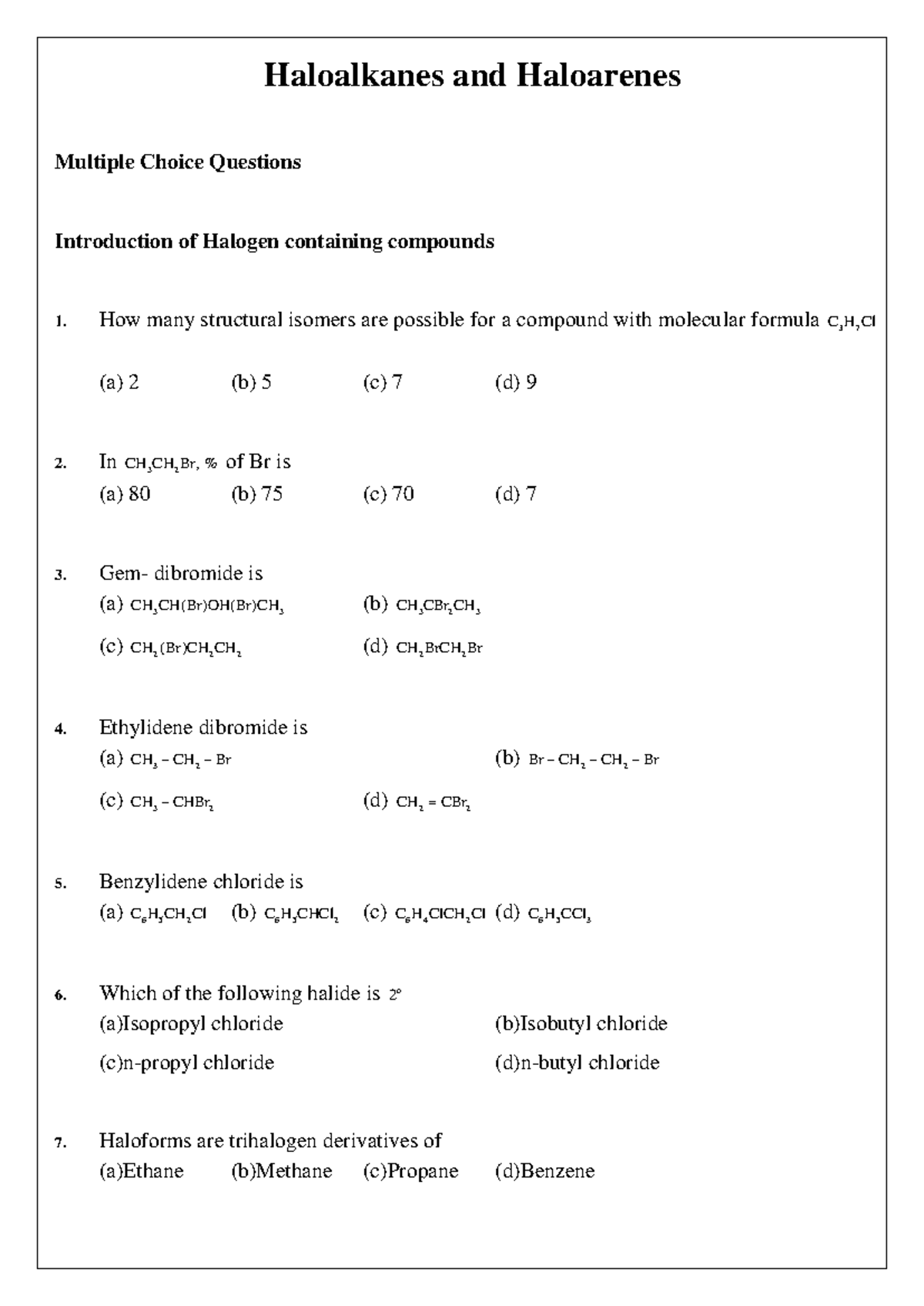 Haloalkanes and Haloarenes MCQs - Practice Material for Exam - Studocu