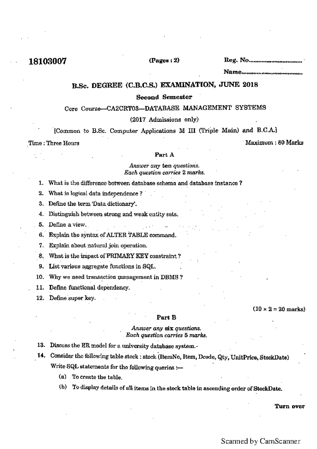 BSc BCA 2nd Sem DBMS Exam Notes 18103007 June 2018 - Studocu