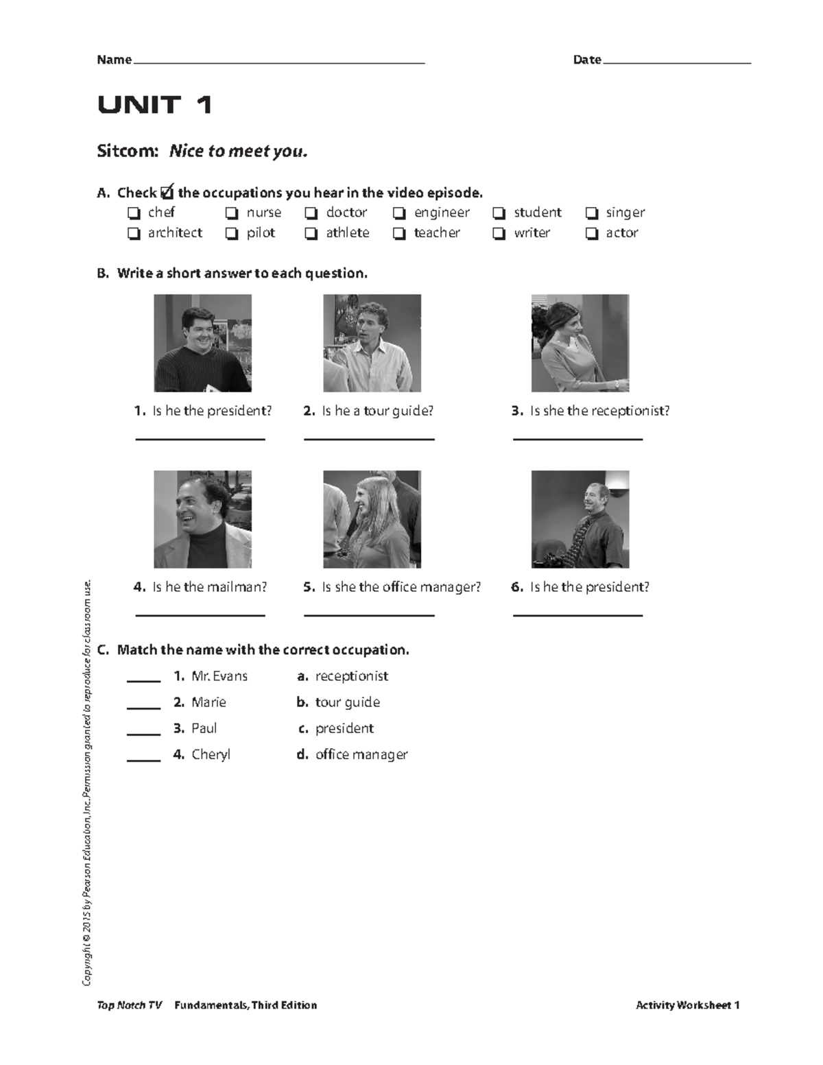 UNIT 01 Video Worksheets: Occupations and Interviews Activities - Studocu