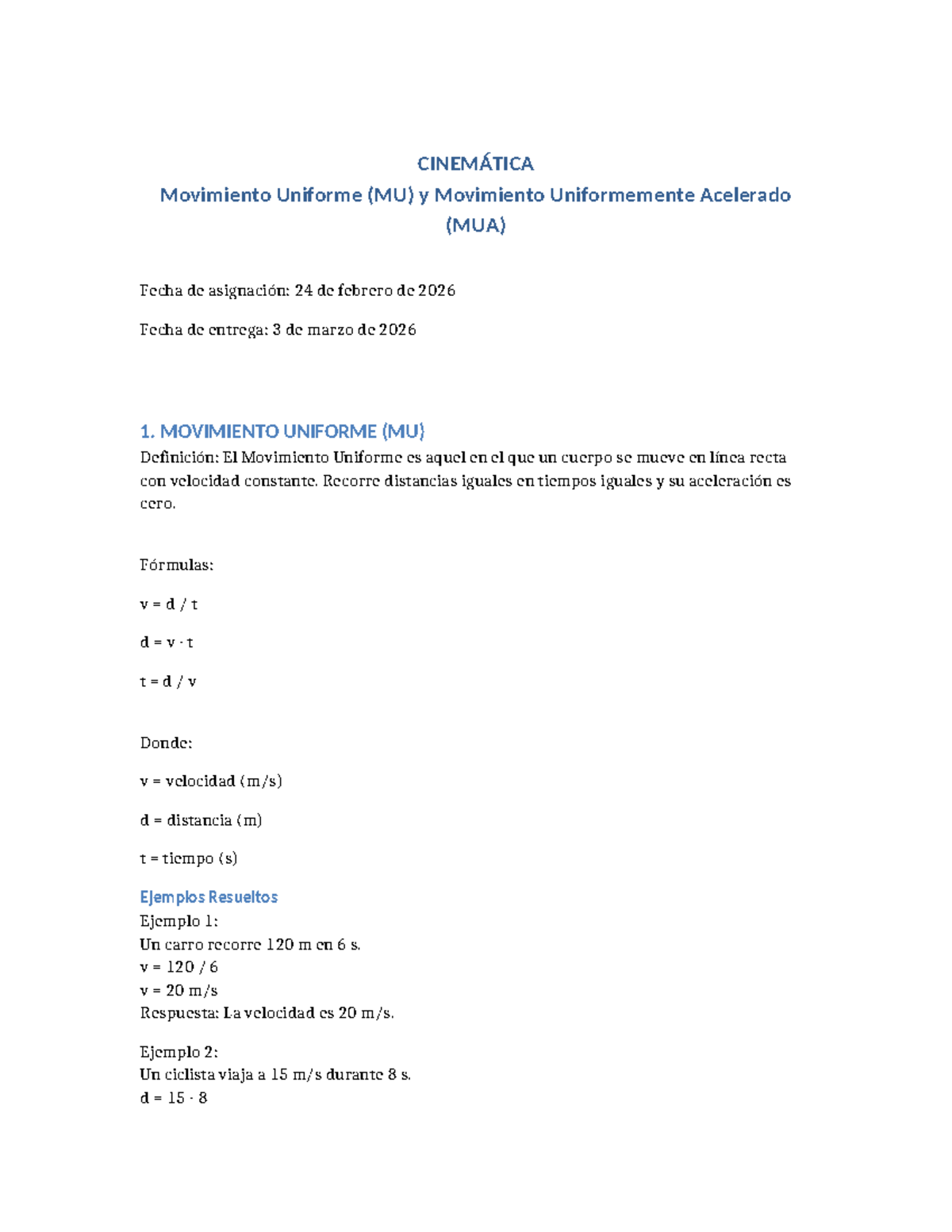 CINEMÁTICA: Movimiento Uniforme (MU) y Acelerado (MUA) - Actividad ...
