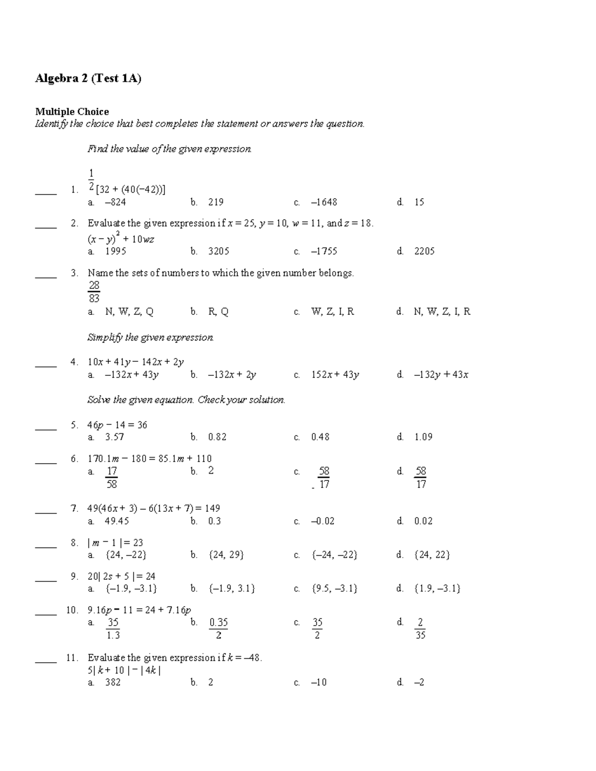 Algebra 2 (Test 1A) Multiple Choice Questions and Answers - Studocu