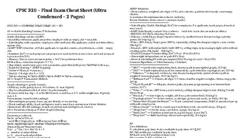 CPSC 320 Final Exam Cheat Sheet: Key Concepts & Algorithms - Studocu