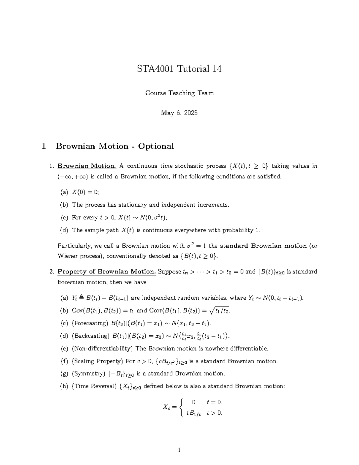 STA4001 Tutorial 14: Understanding Brownian Motion Concepts - Studocu