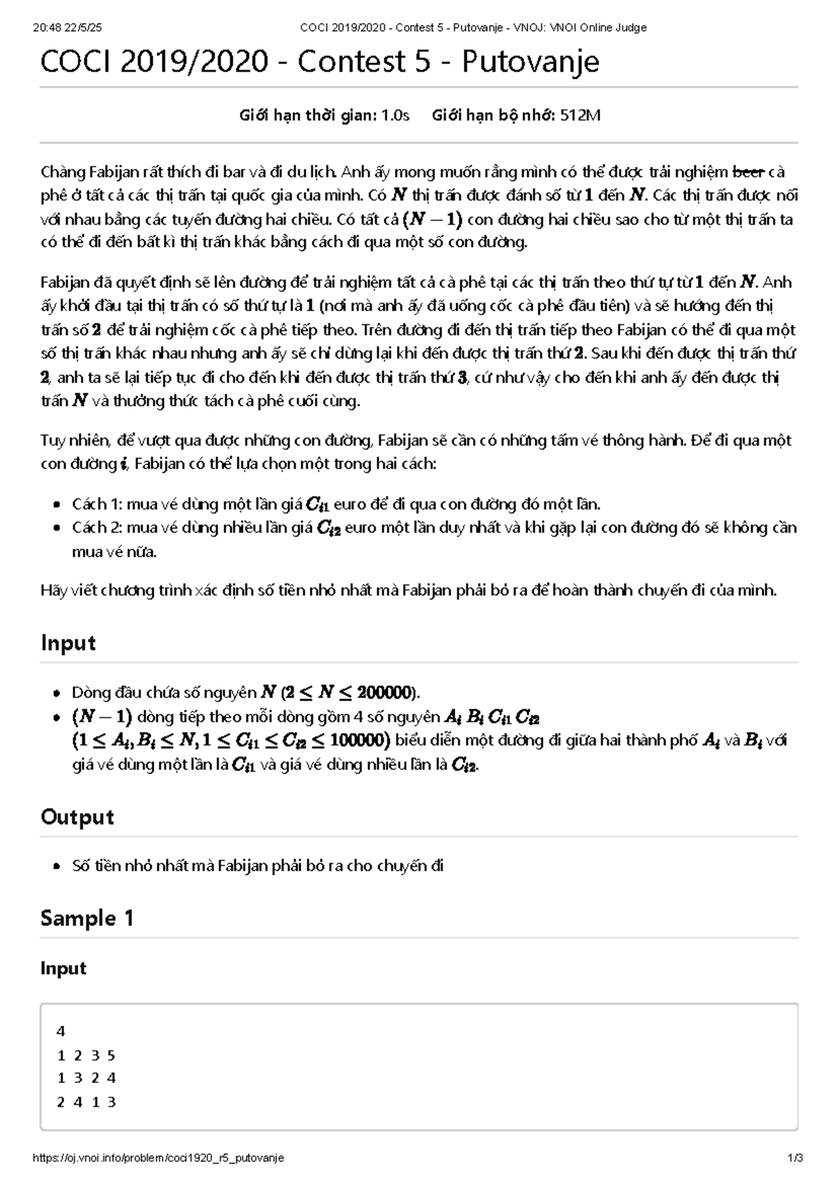 COCI 2019 2020 - Contest 5 - Putovanje - VNOJ Online Judge Analysis ...