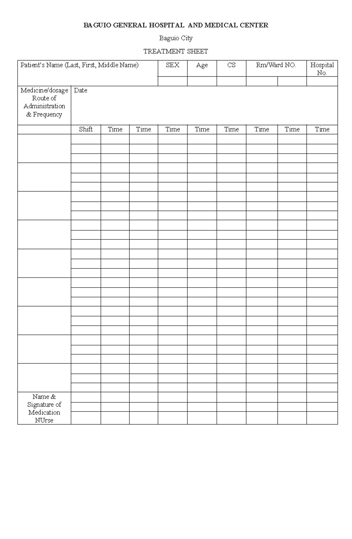 Treatment- Sheet - Bachelor of Science of Nursing - BAGUIO GENERAL ...