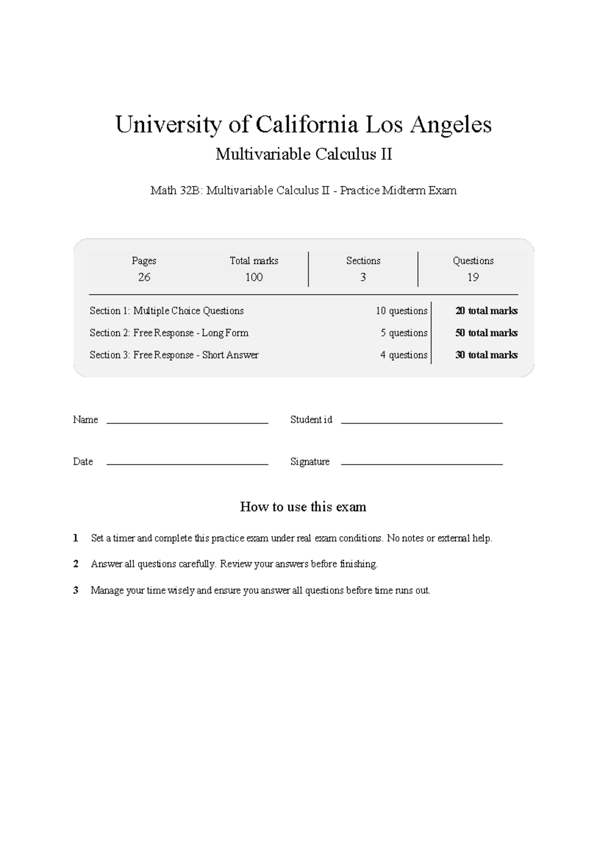 Math 32B: UCLA Multivariable Calculus II Practice Midterm Exam 2026 ...