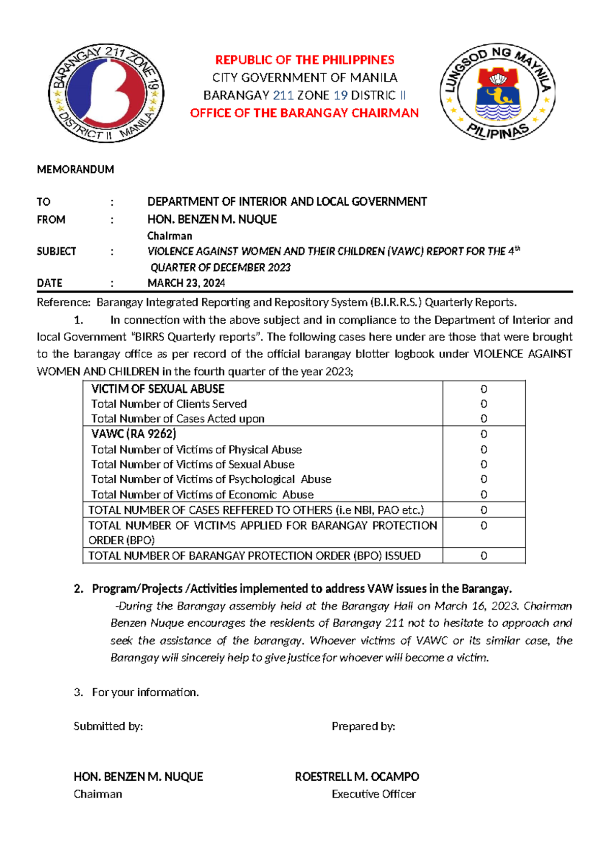 Barangay 211 VAWC Report for 4th Qtr 2023 Submission - Studocu