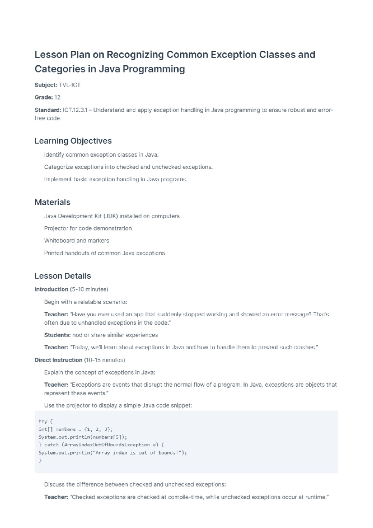 Lesson Plan on Exception Handling in Java - TVL-ICT Grade 12 - Studocu