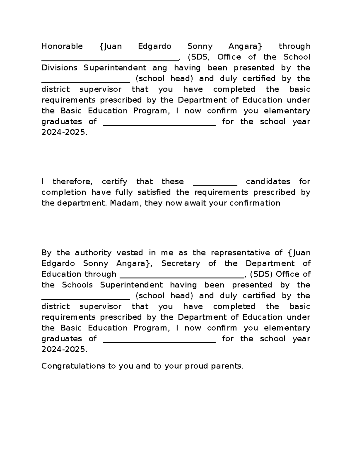 Confirmation of Elementary Graduates - SDS Document - Studocu