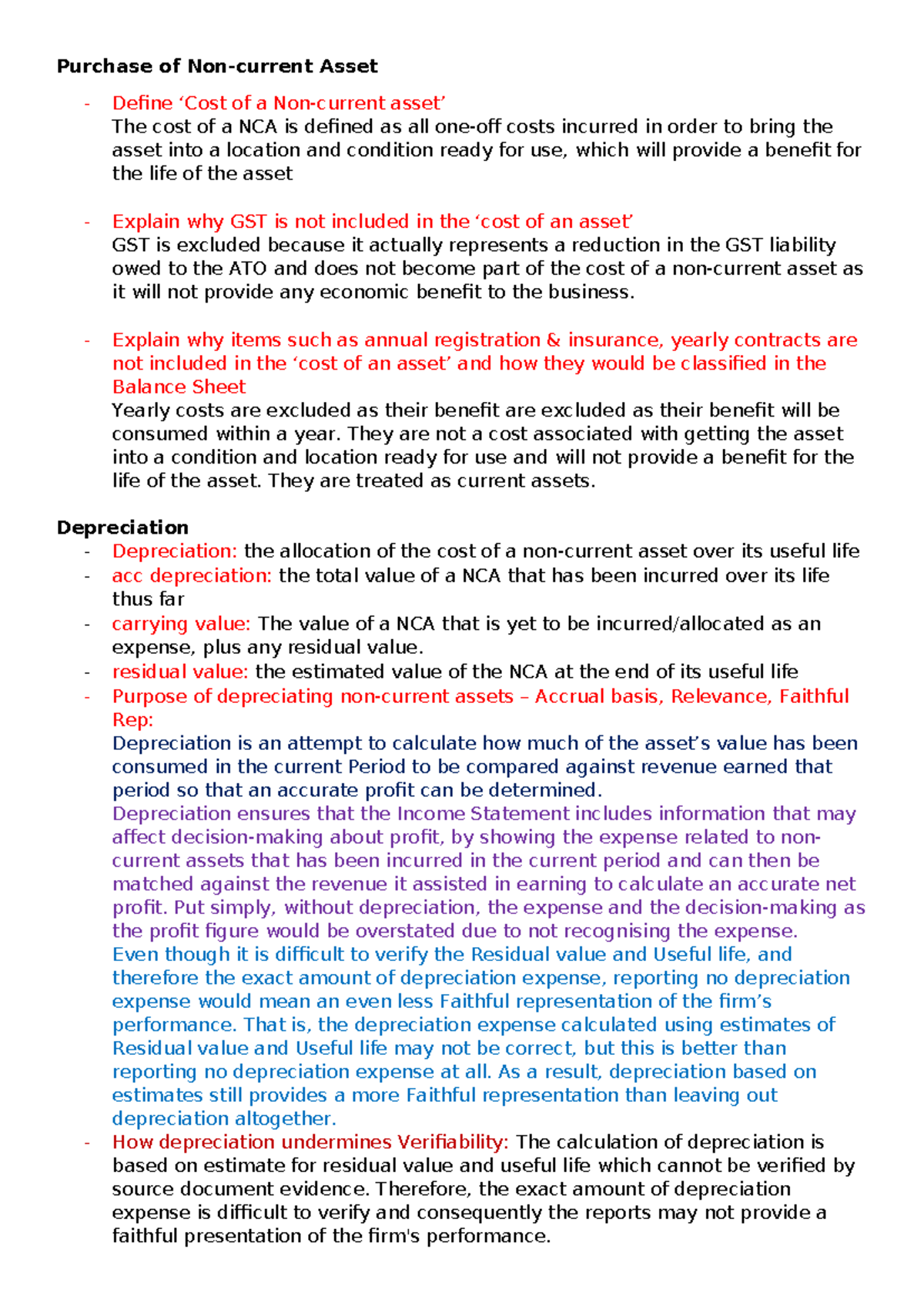 NCA - Notes on Non-Current Assets for VCE Accounting - Studocu