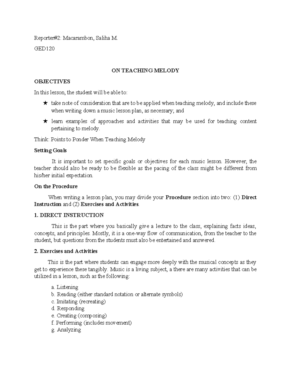 GED120 Teaching Melody Lesson Plan Handouts and Activities - Studocu